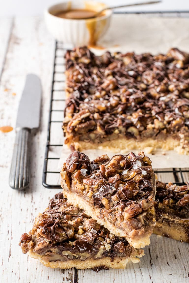 Soft and Chewy Salted Caramel Pecan Bars (Gluten Free & Low Carb)